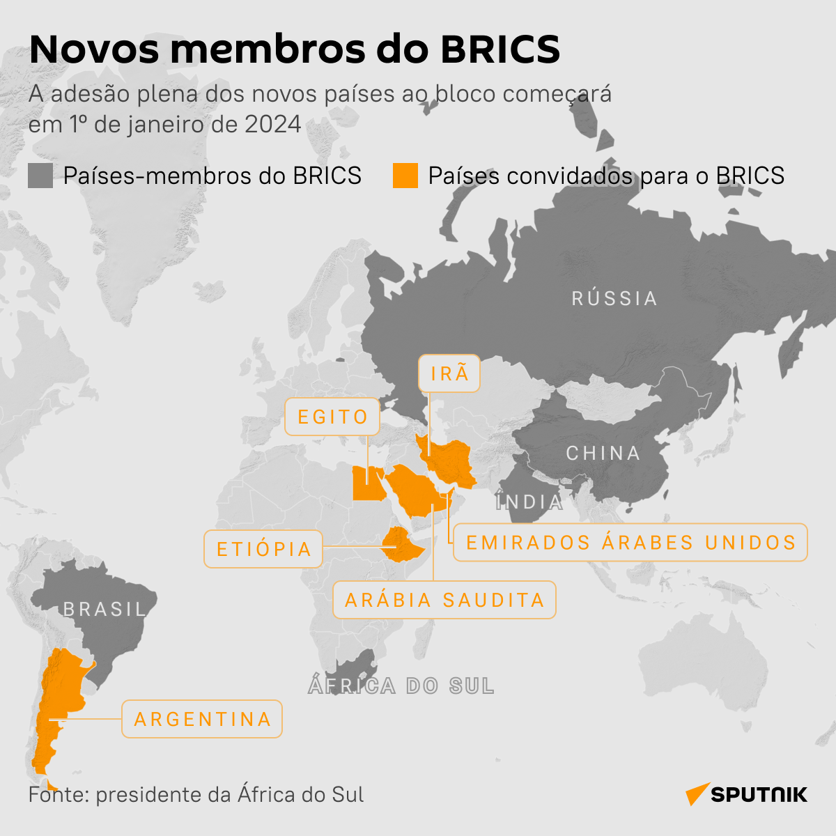 Novos membros do BRICS: confira o mapa atualizado do bloco - 24.08.2023, Sputnik Brasil